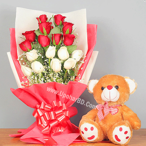 Order red and white roses bouquet and teddy package for your loved ones ...